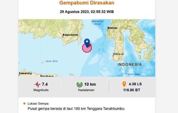 Gempa Bumi Magnitudo 7.4 Berpusat di Laut Tanahbumbu Kalsel Terasa Hingga Sejumlah Daerah di ...